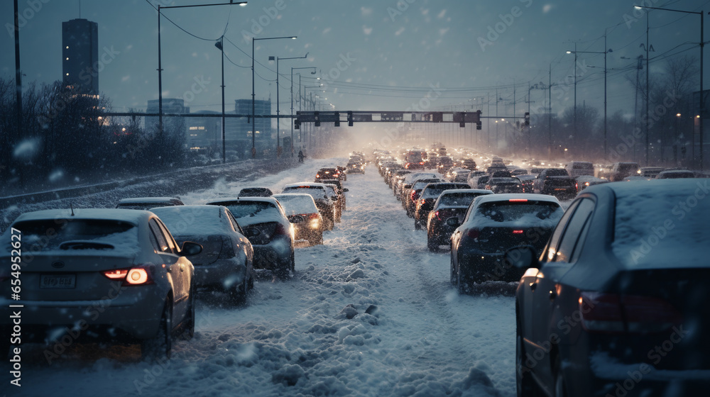 large traffic jams due to very low temperatures, ice and snow, cars in ...