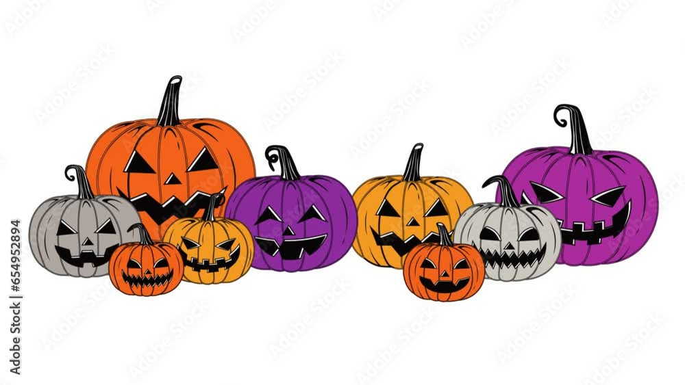 4K Animated Halloween Color Pumpkins Set Isolated on White Background ...