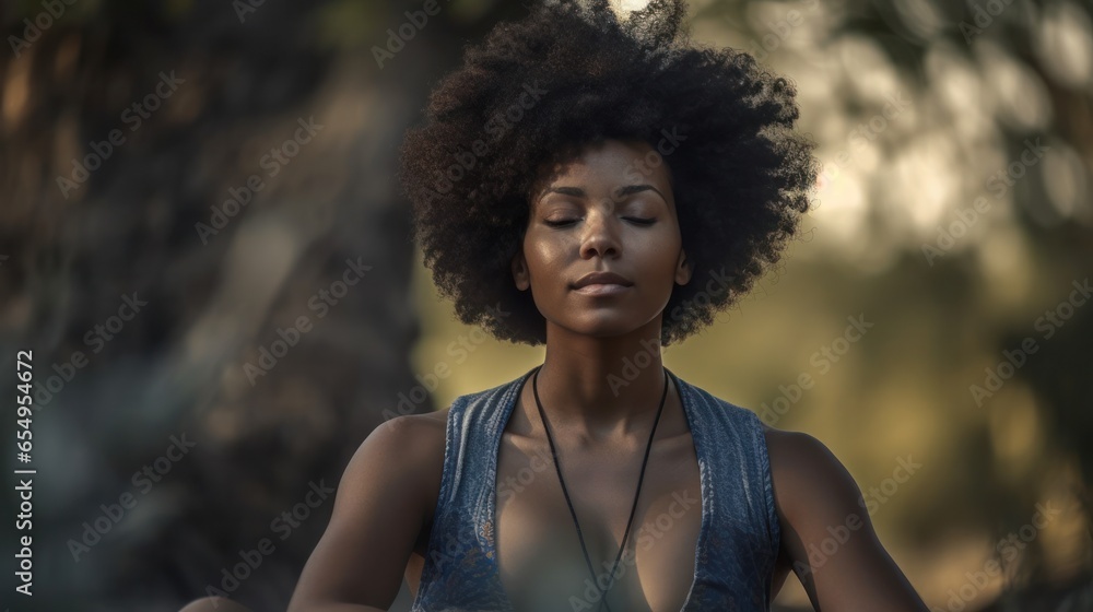 Portrait of afro woman in lotus position at nature location. Healthy ...