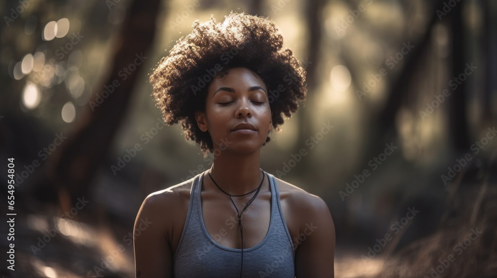 Portrait of afro woman in lotus position at nature location. Healthy ...
