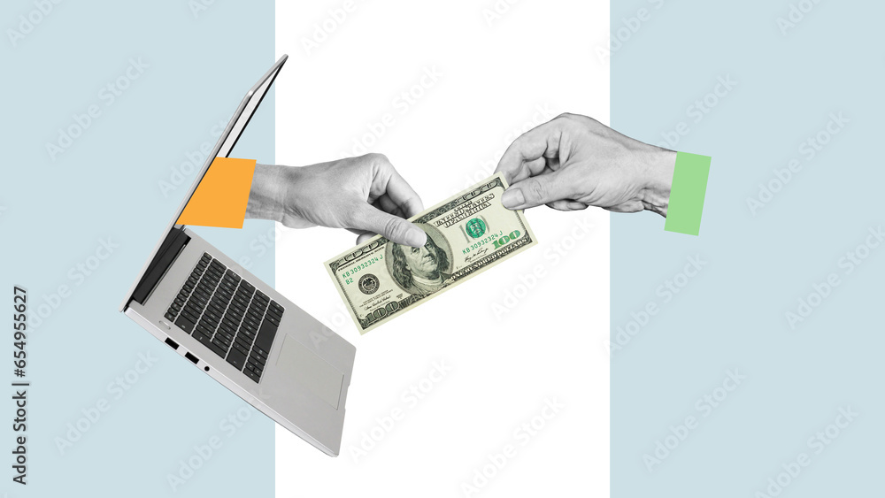 Collage with hands passing money sticking out of laptop screen isolated ...