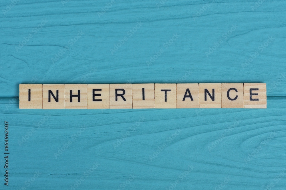 word inheritance made from wooden gray letters lies on a blue ...