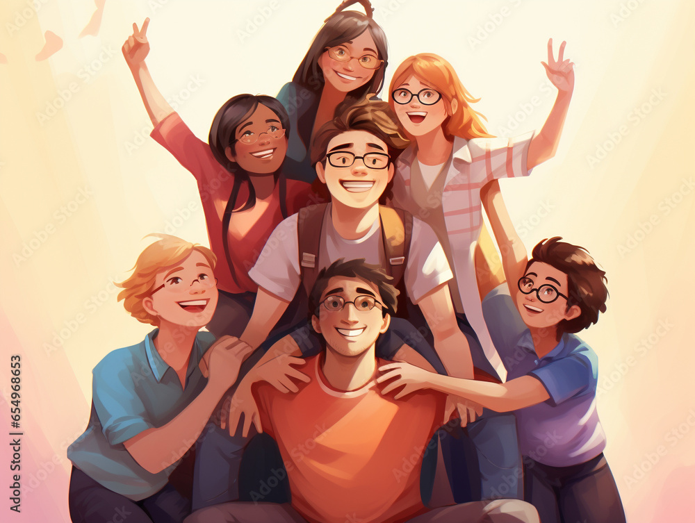 An Illustration of Friends Forming a Human Pyramid for a Fun Picture ...