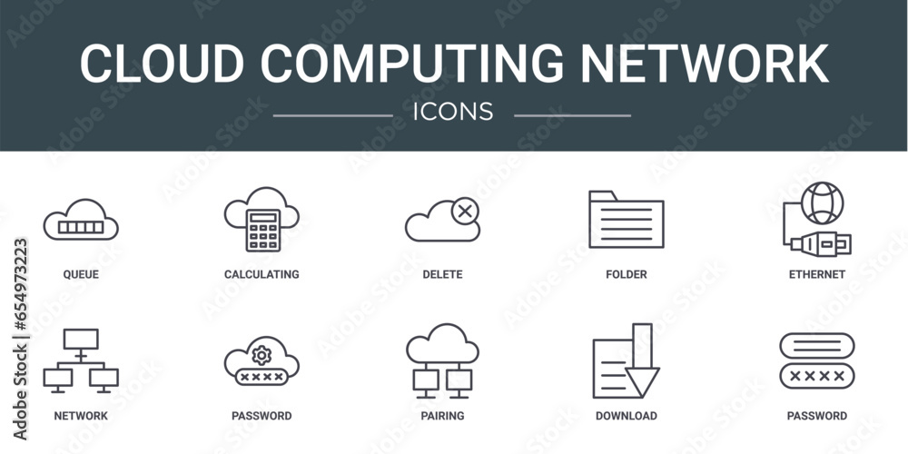 set of 10 outline web cloud computing network icons such as queue, calculating, delete, folder ...