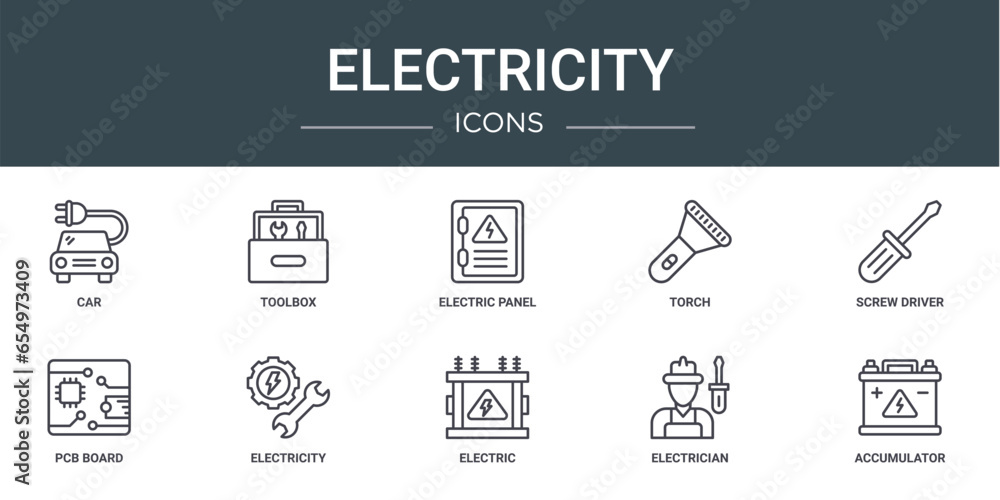 set of 10 outline web electricity icons such as car, toolbox, electric panel, torch, screw ...