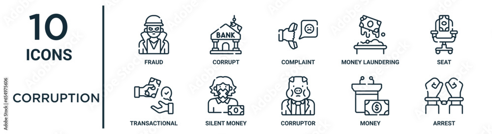 corruption outline icon set such as thin line fraud, complaint, seat, silent money, money ...