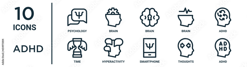 adhd outline icon set such as thin line psychology, brain, adhd ...