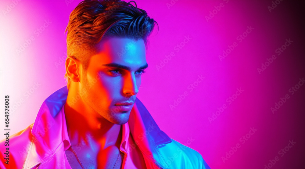"Neon allure: Closeup portrait of stunning handsome man in neon ...