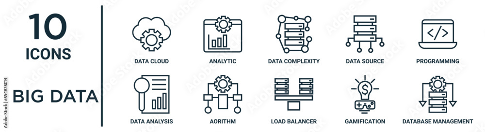 big data outline icon set such as thin line data cloud, data complexity, programming, aorithm ...