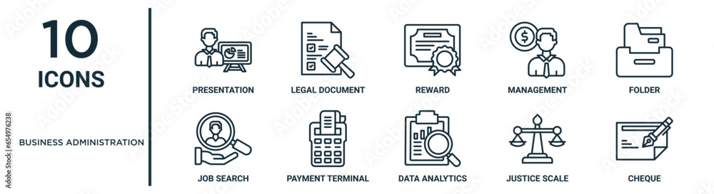 business administration outline icon set such as thin line presentation ...