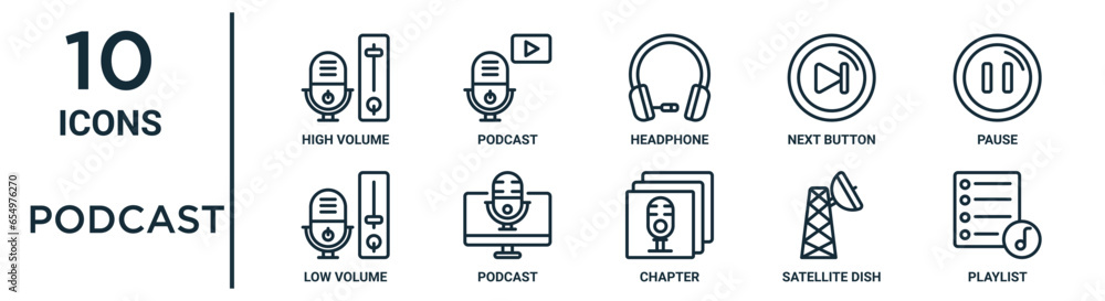 podcast outline icon set such as thin line high volume, headphone ...