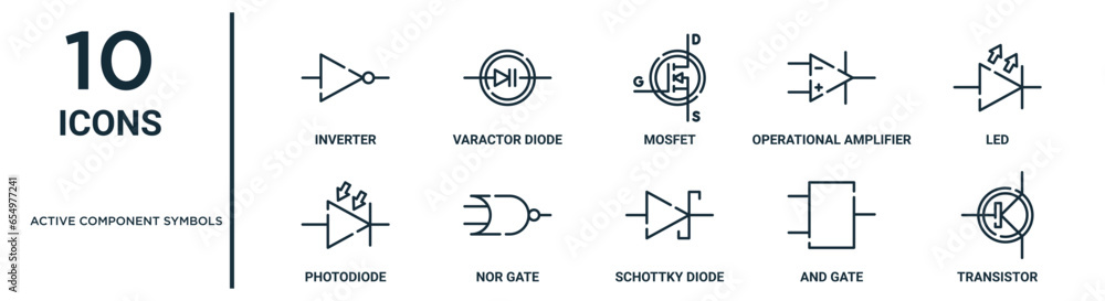 active component symbols outline icon set such as thin line inverter ...