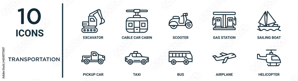 transportation outline icon set such as thin line excavator, scooter ...