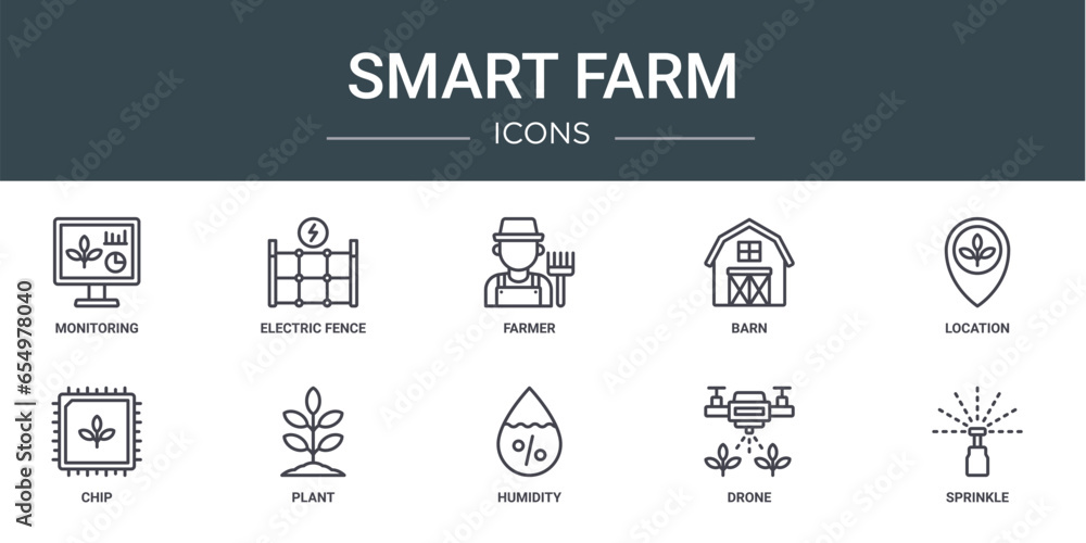 set of 10 outline web smart farm icons such as monitoring, electric ...