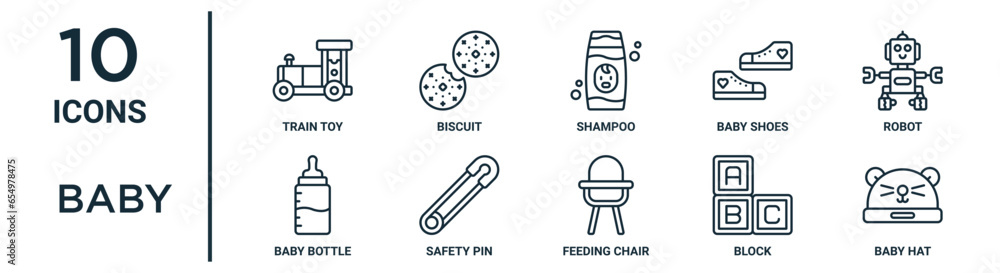 baby outline icon set such as thin line train toy, shampoo, robot ...