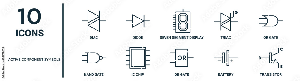 active component symbols outline icon set such as thin line diac, seven ...