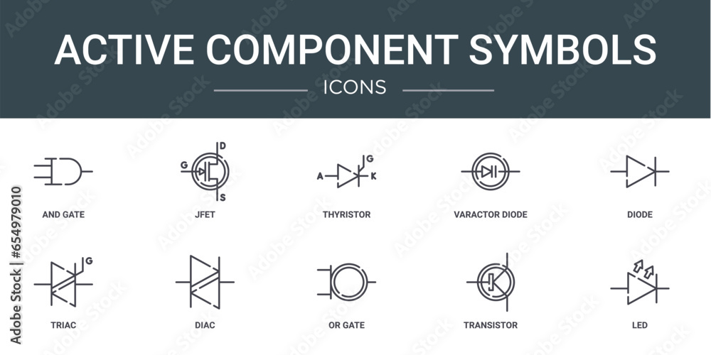 set of 10 outline web active component symbols icons such as and gate, jfet, thyristor, varactor ...