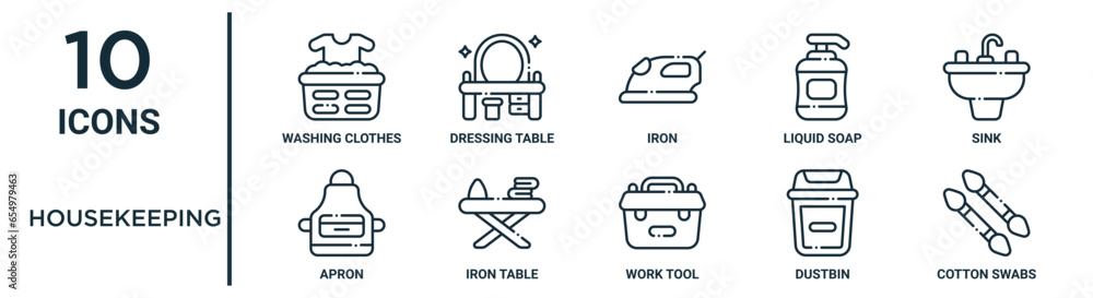 housekeeping outline icon set such as thin line washing clothes, iron ...