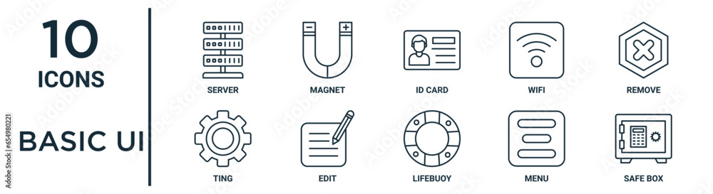 Vetor de basic ui outline icon set such as thin line server, id card ...