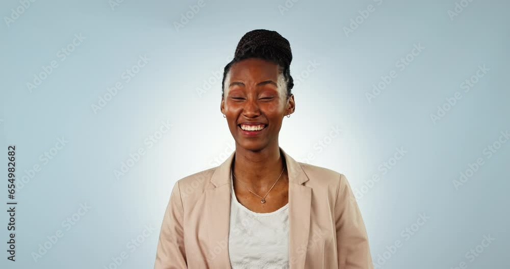 Confused, business woman and face laughing from question, doubt and ...