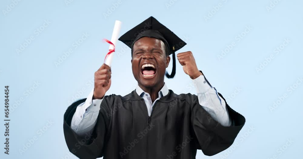 Excited black man, graduation and fist pump in celebration or success ...