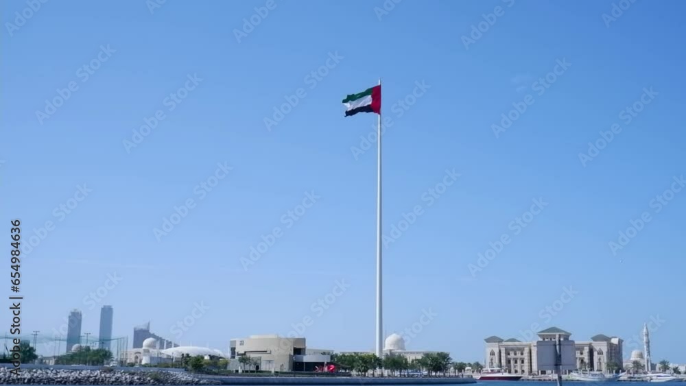 Sharjah, the UAE flag flies from a huge pole in the sky over Flag ...