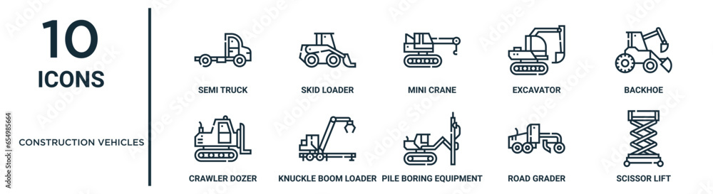 Vetor de construction vehicles outline icon set such as thin line semi ...