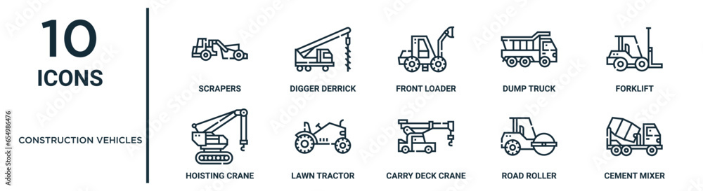 construction vehicles outline icon set such as thin line scrapers ...