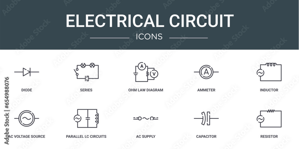 set of 10 outline web electrical circuit icons such as diode, series ...