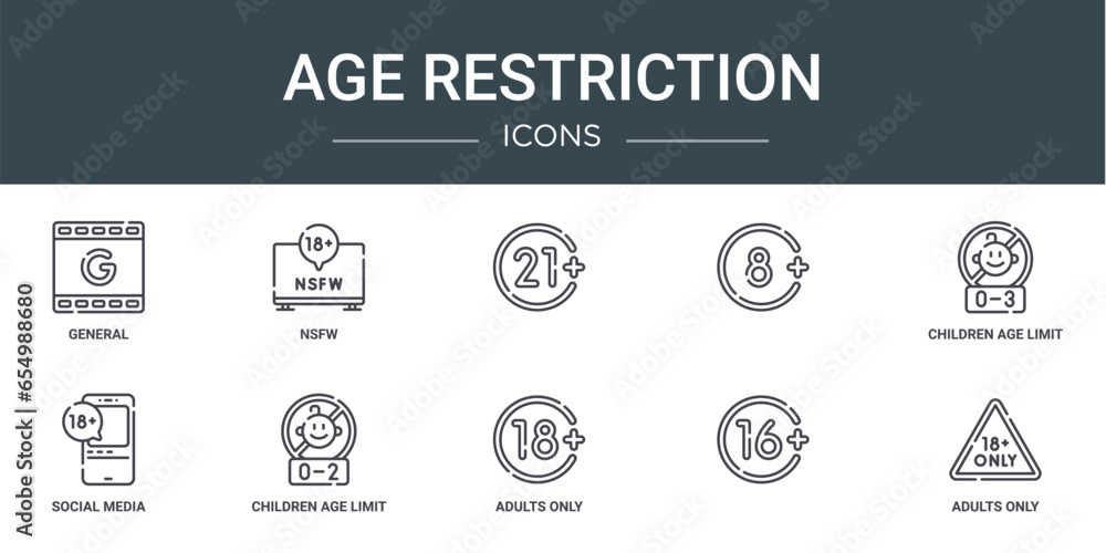 set of 10 outline web age restriction icons such as general, nsfw ...