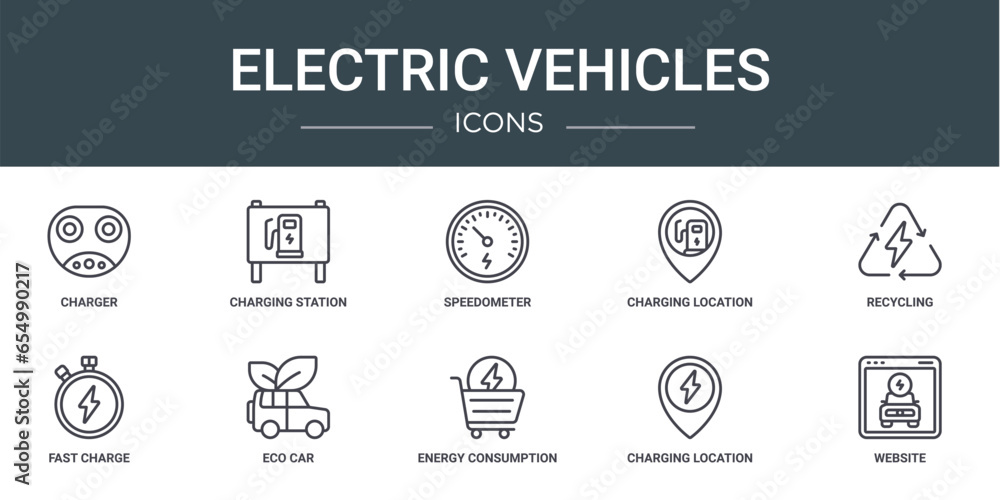set of 10 outline web electric vehicles icons such as charger, charging ...