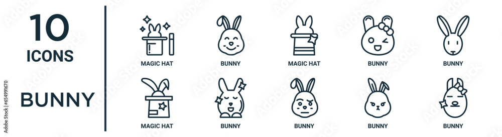 bunny outline icon set such as thin line magic hat, magic hat, bunny ...