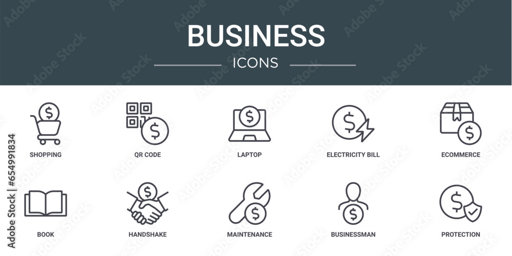 set of 10 outline web business icons such as shopping, qr code, laptop ...