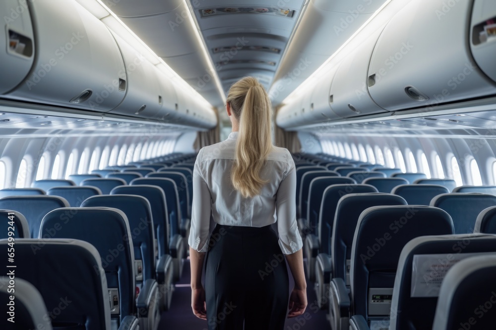 Cabin crew or stewardess standing in big empty aircraft and checking ...