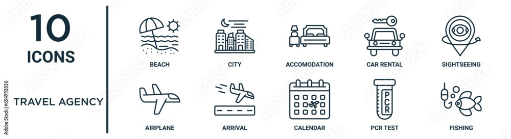 travel agency outline icon set such as thin line beach, accomodation ...