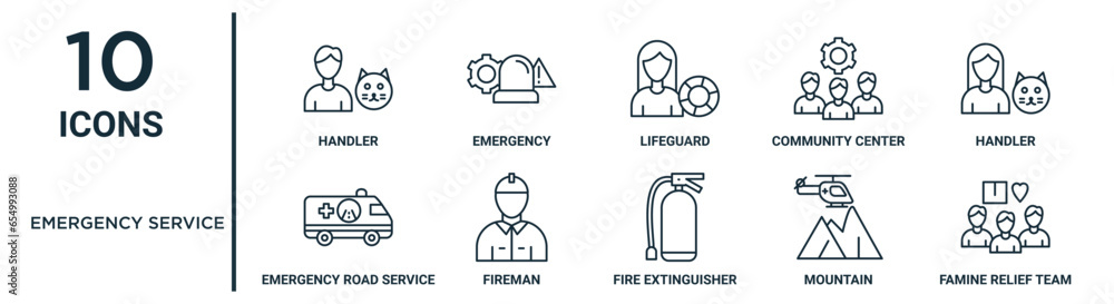Vetor de emergency service outline icon set such as thin line handler ...