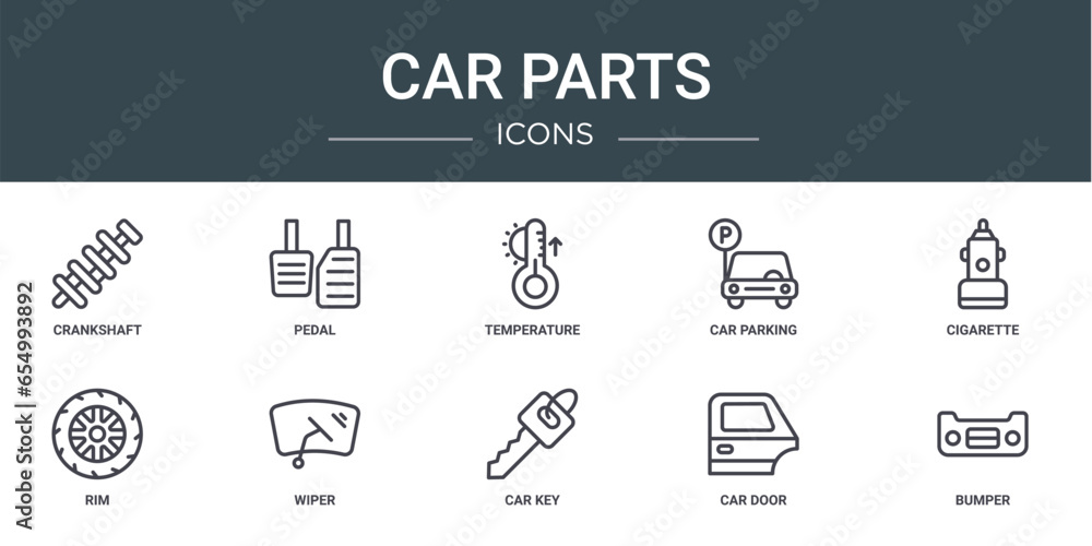 set of 10 outline web car parts icons such as crankshaft, pedal ...