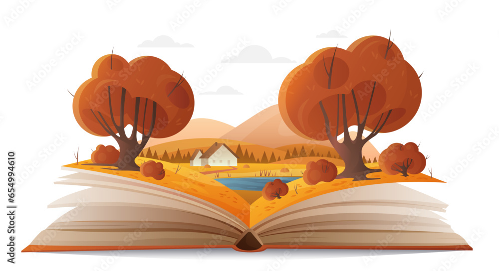 Autumn forest landscape on paper pages of open book vector illustration ...