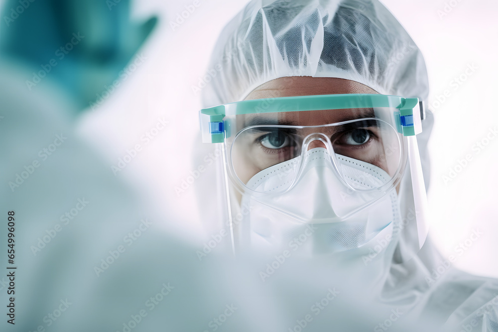 Man, face mask and PPE with goggles and safety, Covid compliance with ...
