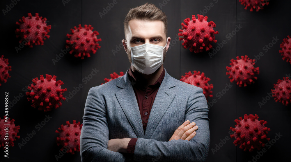 Determined man in formal attire wearing a mask, surrounded by vivid ...