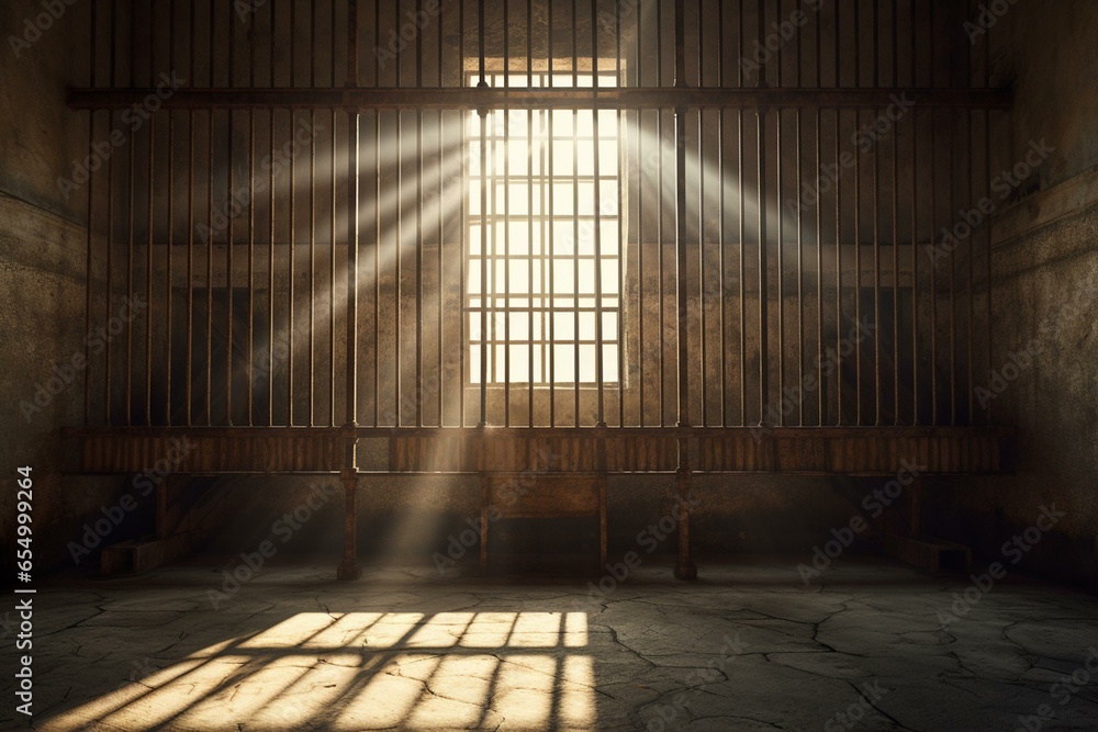 Sunlit prison cell with beams of light shining through a barred window ...