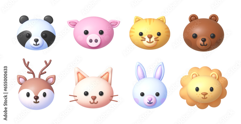 Animals 3d character design collection. Set of animal faces, face ...