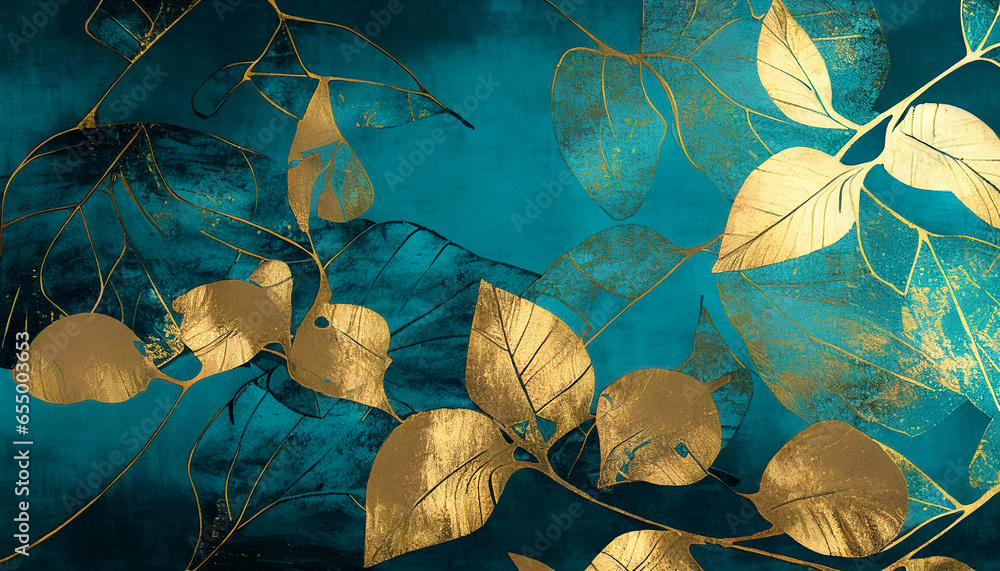 Grunge gold leaves tree branch on blue, teal textured background ...