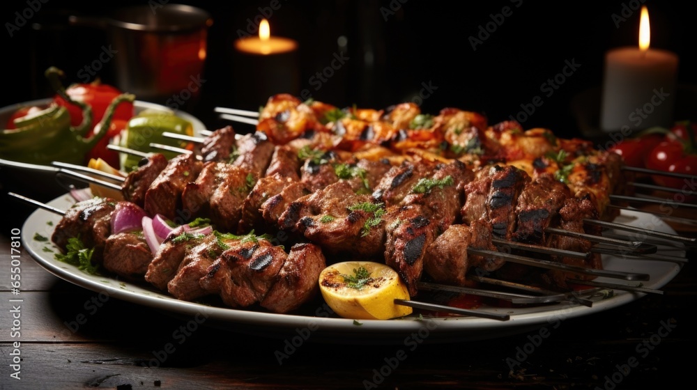 This shot captures a mouthwatering kebab platter, displaying skewers of ...