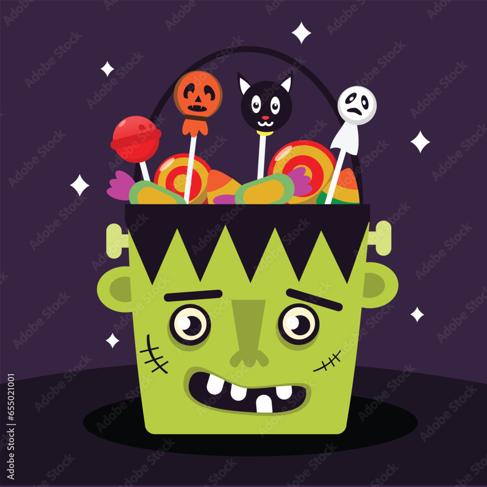 Halloween buckets of Frankenstein shapes full of sweets, candies and ...
