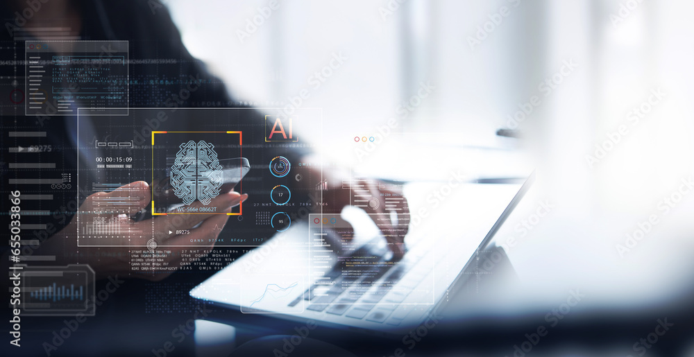 AI Artificial Intelligence. Business woman using AI technology for data analysis, coding ...