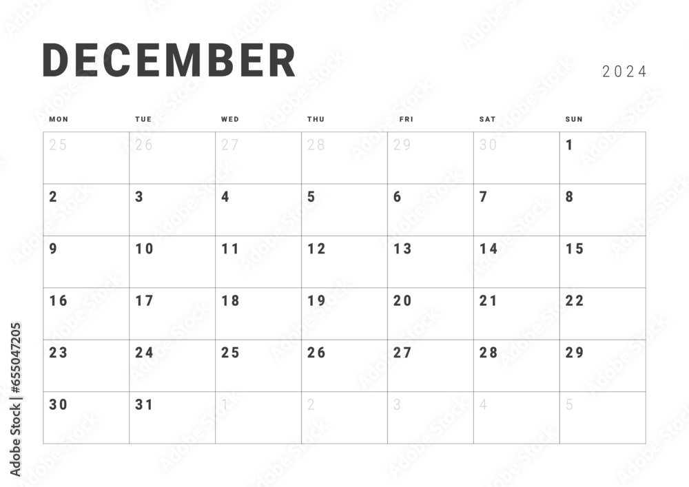 Monthly page Calendar Planner Templates of December 2024. Vector layout ...
