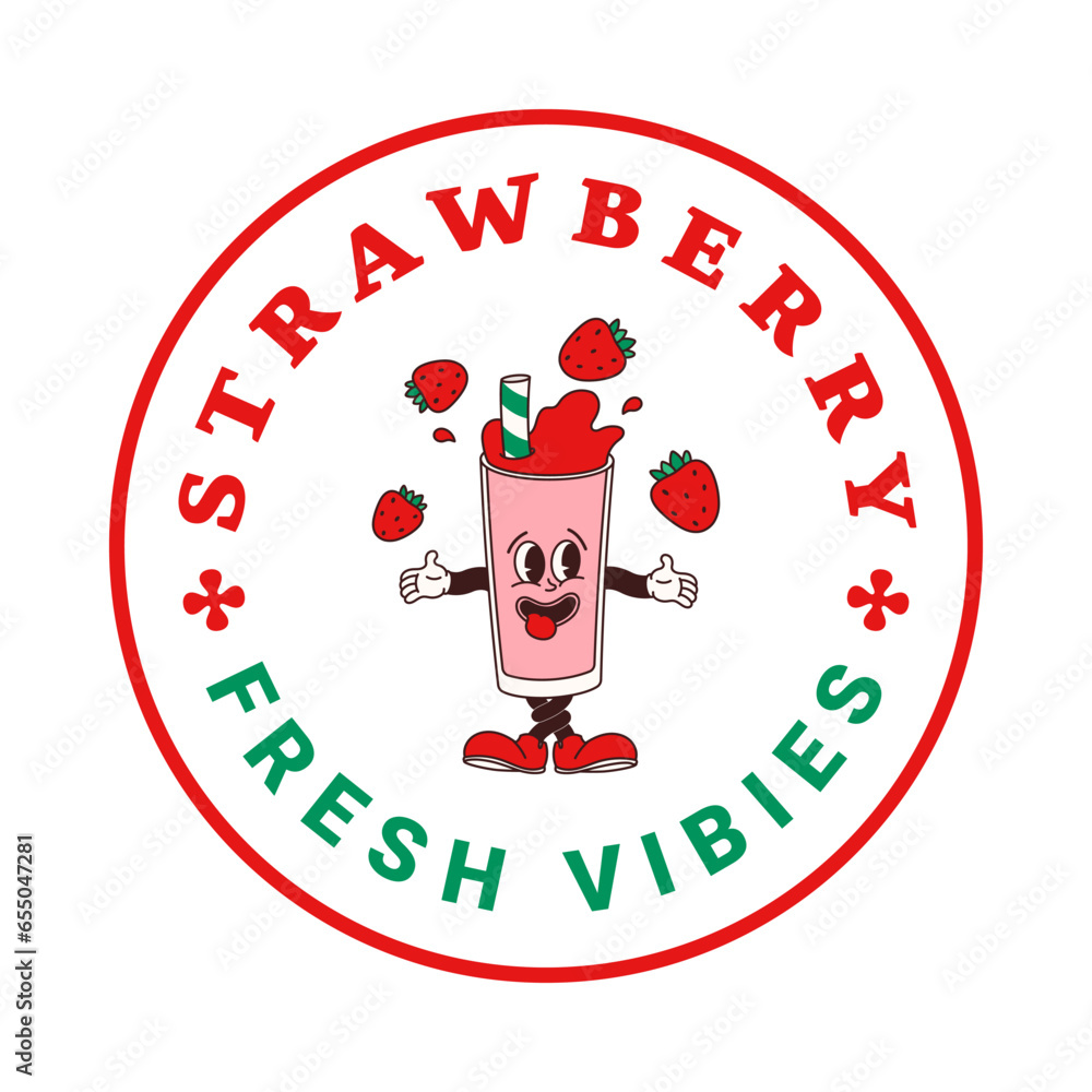 Sticker of character strawberry juice or smoothie in cartoon style ...