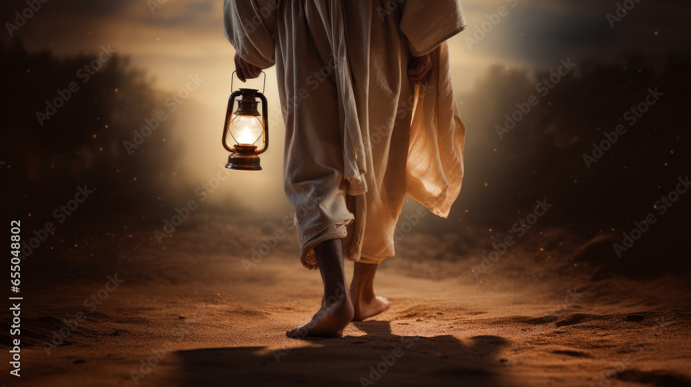 lantern illuminating way someone walking wearing sandals. Concept for ...