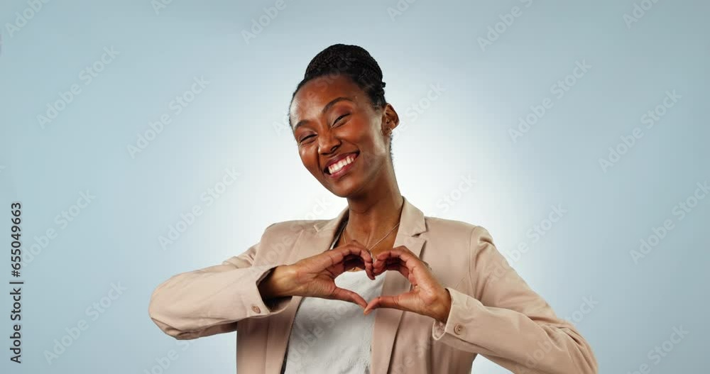 Happy black woman, business and heart hands for love, care or support ...